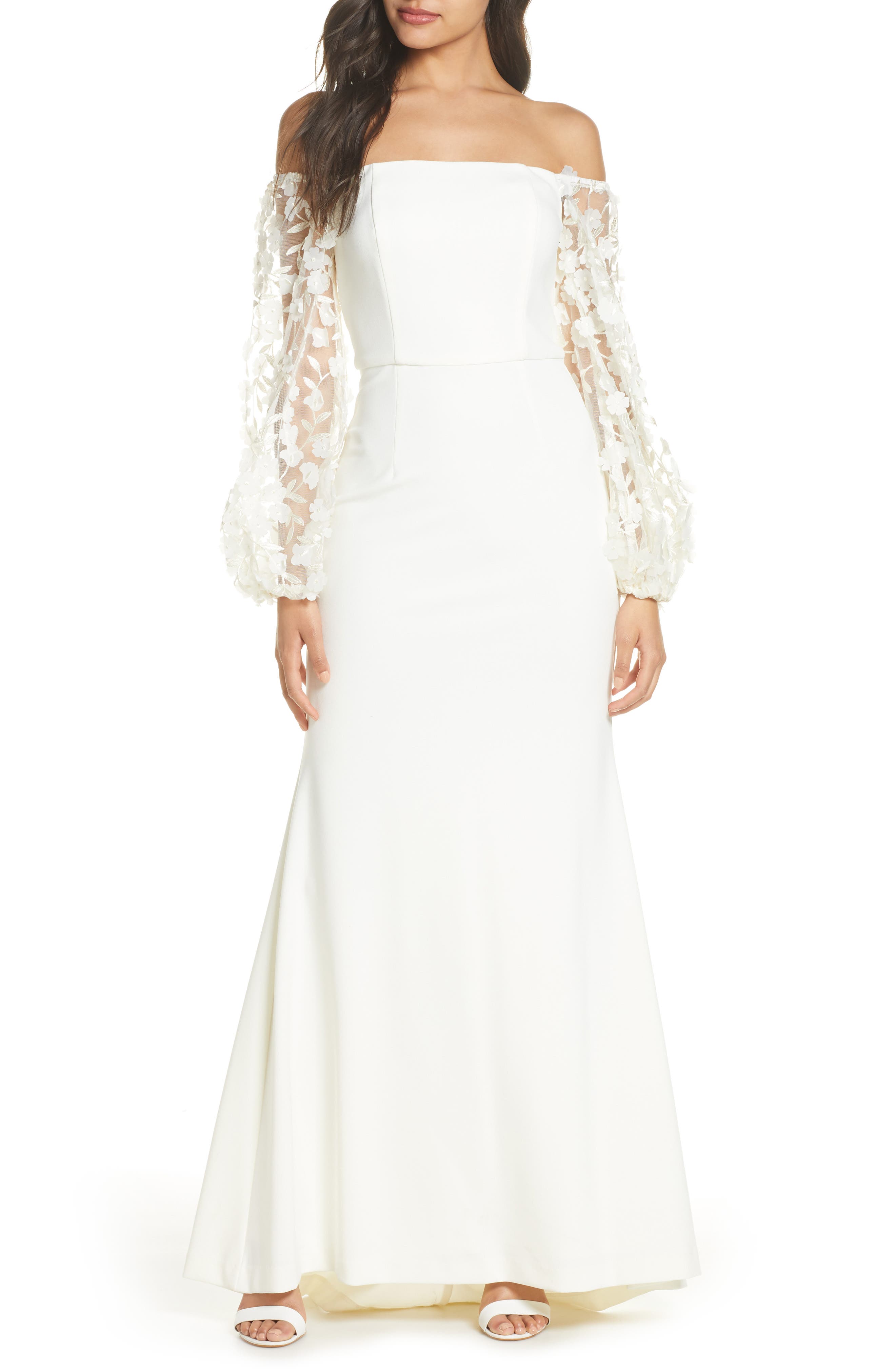 Eliza J Off The Shoulder 3d Floral Sleeve Scuba Crepe Evening Dress - Ivory | Editorialist Eliza J Off The Shoulder 3d Floral Sleeve Scuba Crepe Evening Dress - Ivory | Editorialist