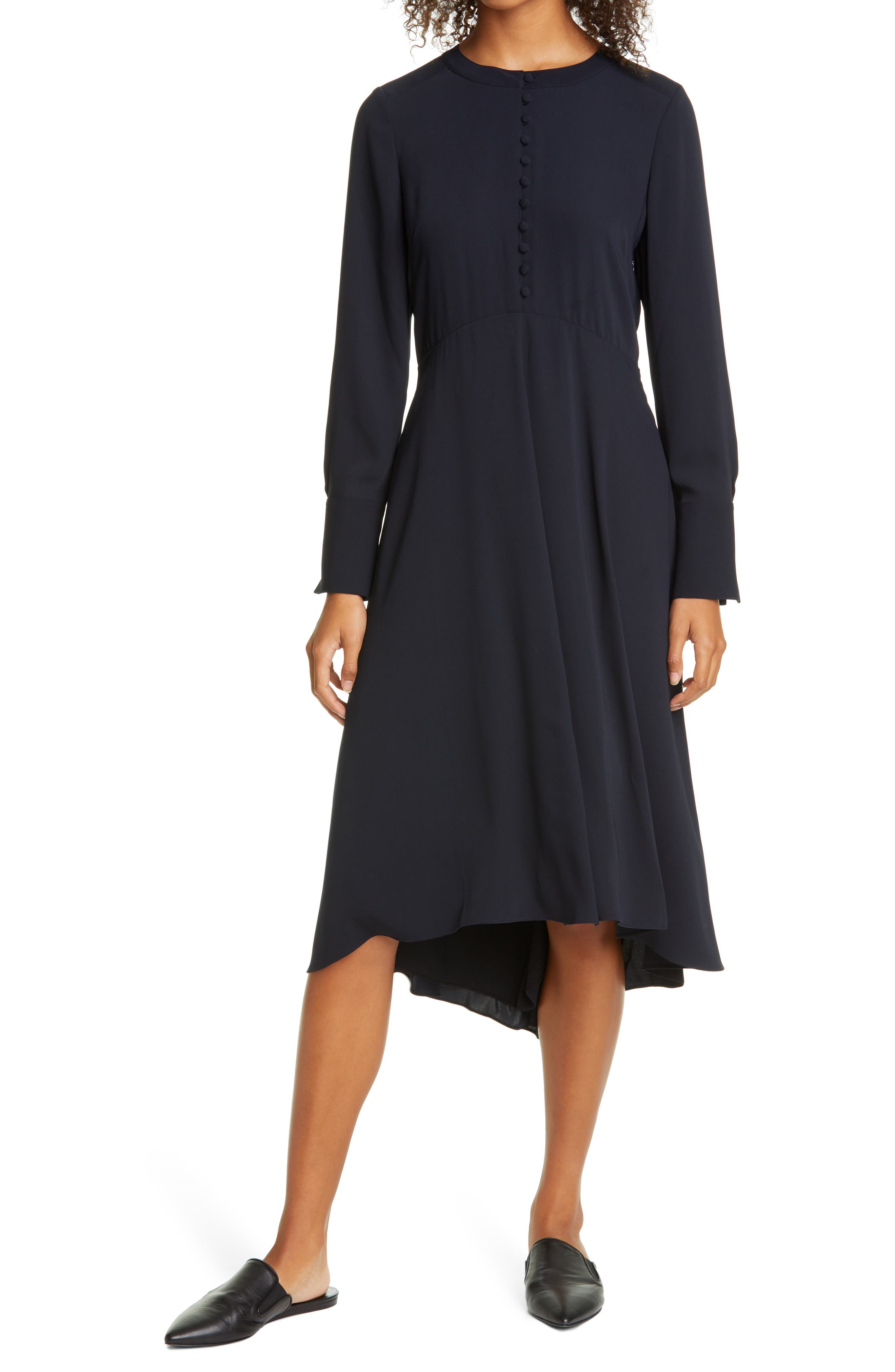 knee length dresses for ladies Club Monaco Black Polka Dot Silk Long Sleeve Wrap Mini Dress main image 1