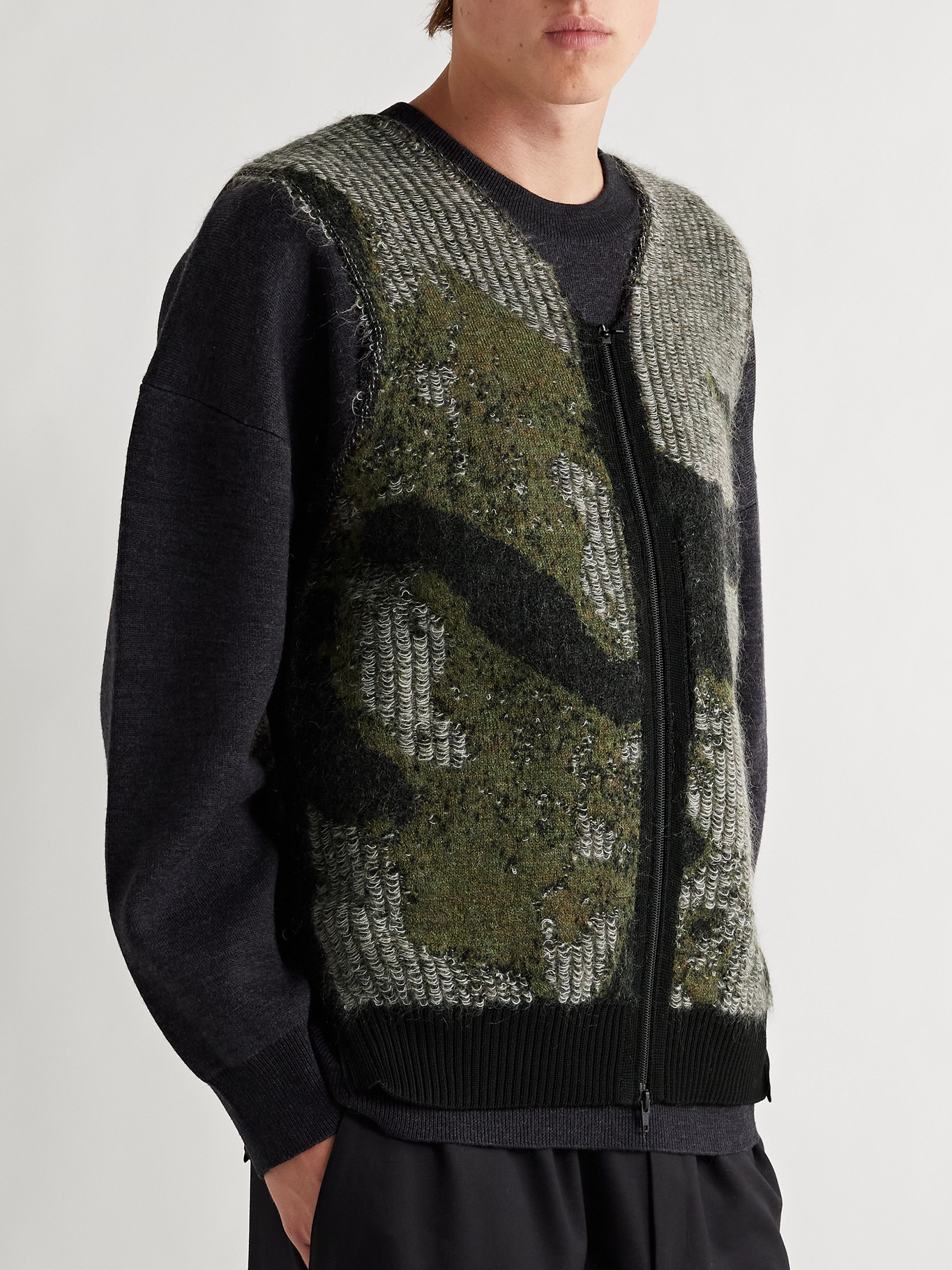 Y3 Camouflage Intarsia Textured-Knit Sweater Vest In Green - 40 