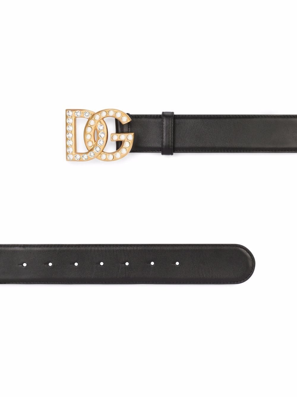 Dolce & Gabbana Black Leather Belt with Gold Pearl-Embellished \'DG\' Buckle Calfskin belt with DG logo with rhinestones and pearls in  main image 4