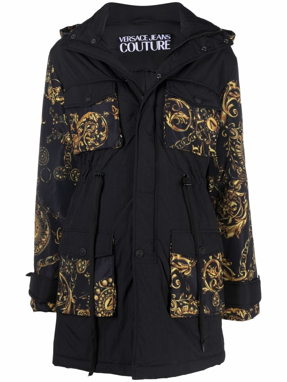Versace Baroque-Print Hooded Parka In Black - 30% Off | Editorialist