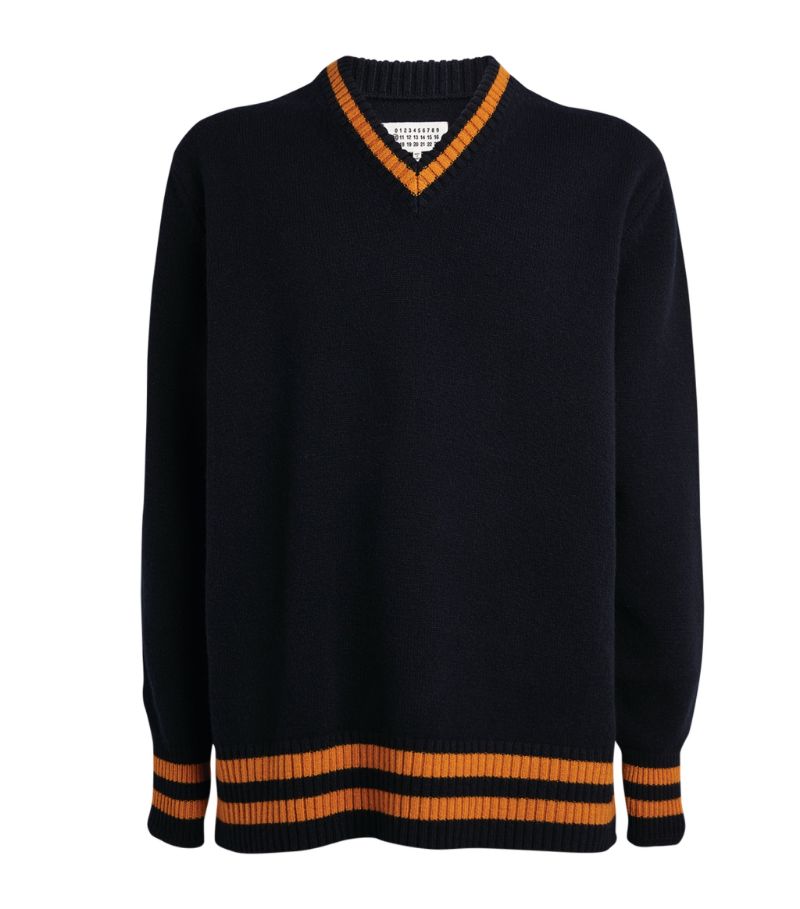 Maison Margiela Varsity Stripe V-Neck Sweater - Navy | Editorialist