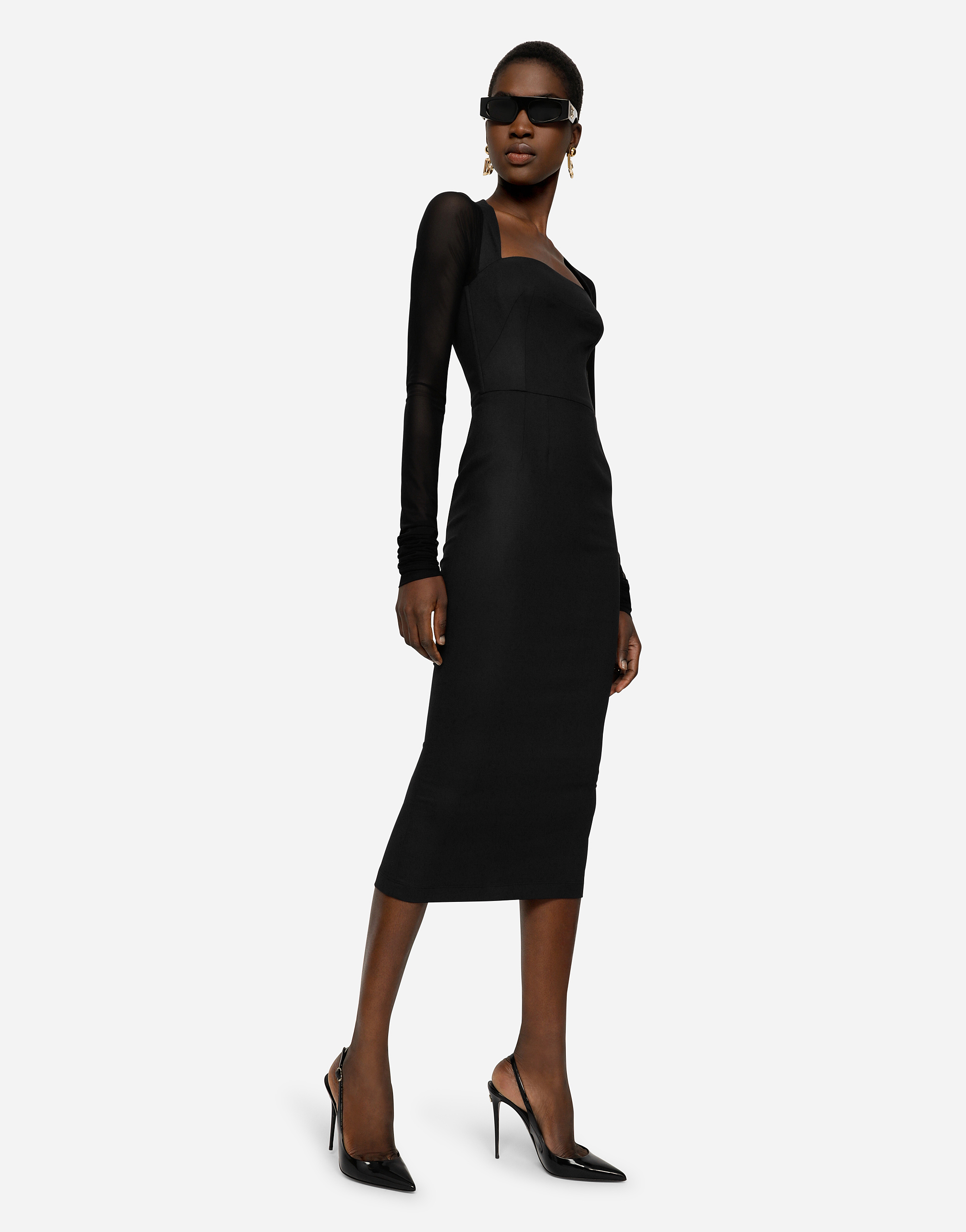 DOLCE & GABBANA Dolce & Gabbana Sable Calf-Length Dress with Tulle Sleeves