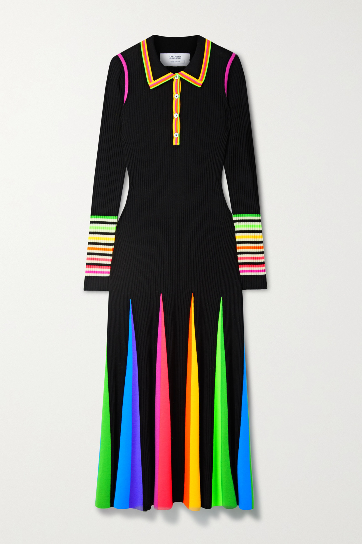 christopher john rogers hole punch multicolor knit maxi dress Pleated Striped Ribbed Wool - Black long sleeve satin wrap dress