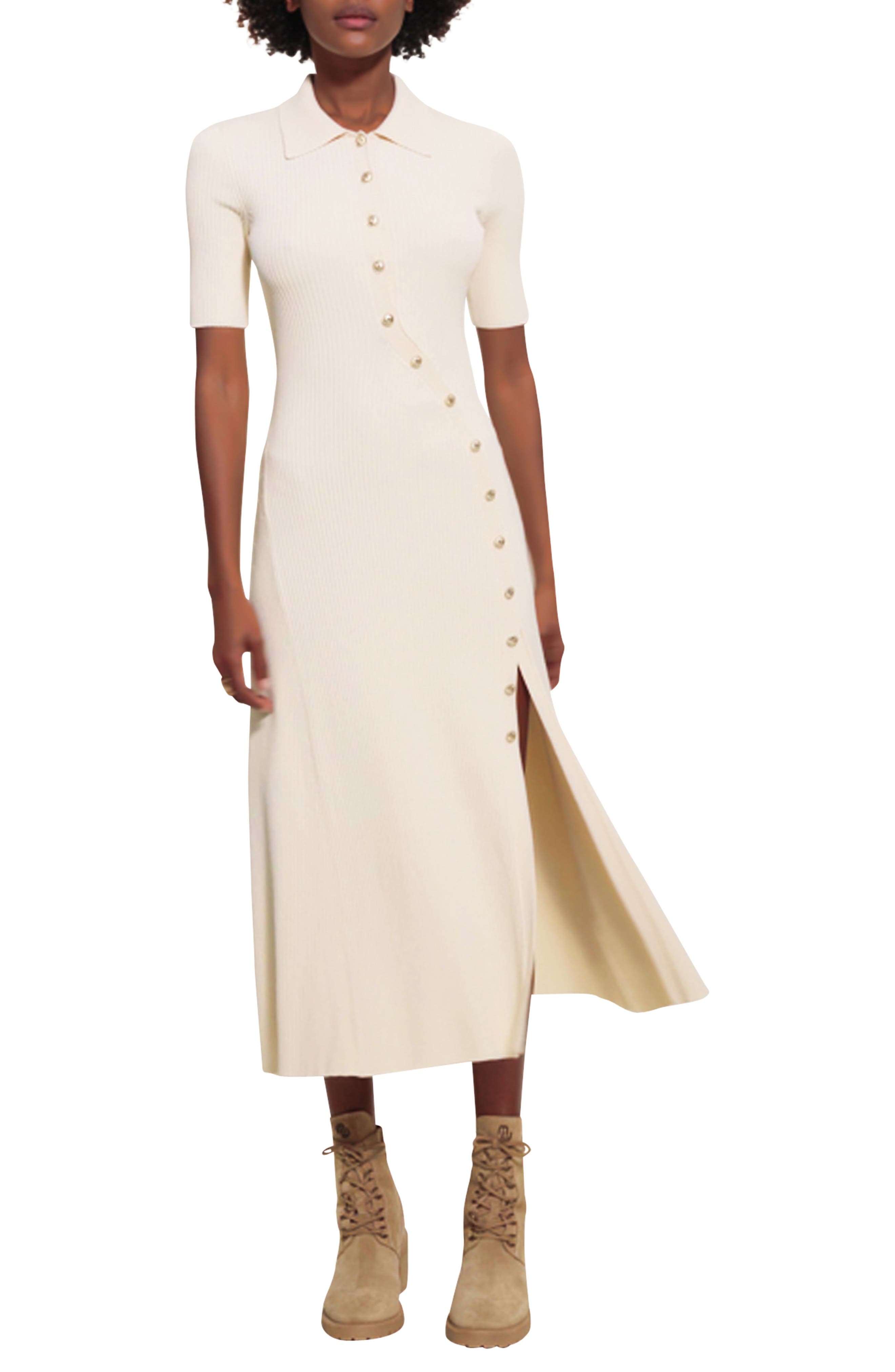 Maje Rimisa Asymmetric Button-Up Sweater Dress - Ecru | Editorialist