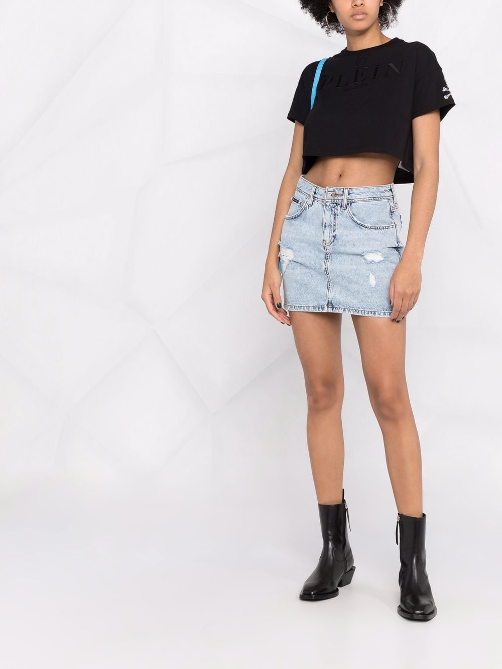 PHILIPP PLEIN Stud-Detailed Distressed Mini Denim Skirt