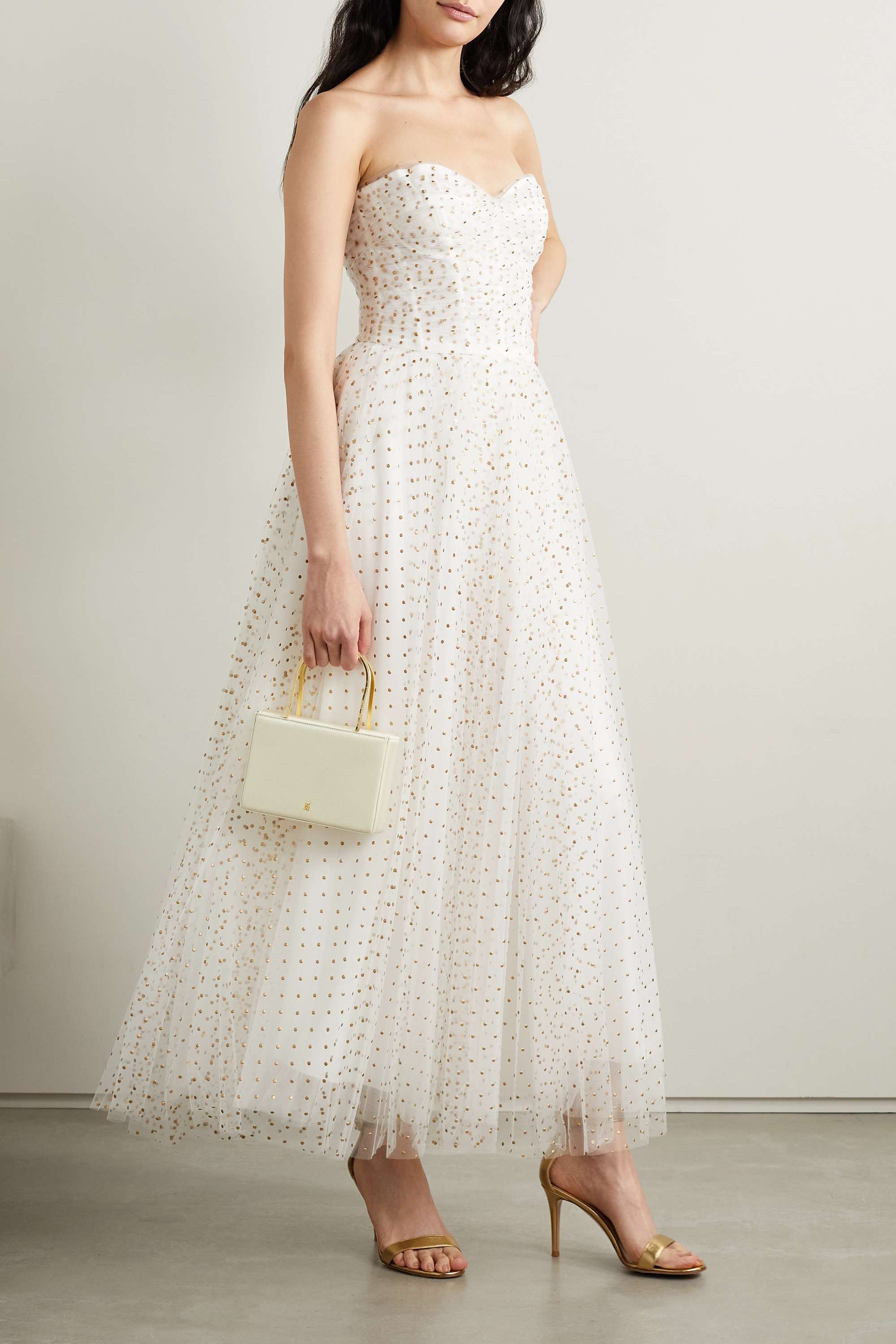 Monique Lhuillier Strapless Polka-Dot Tulle Midi Dress - White