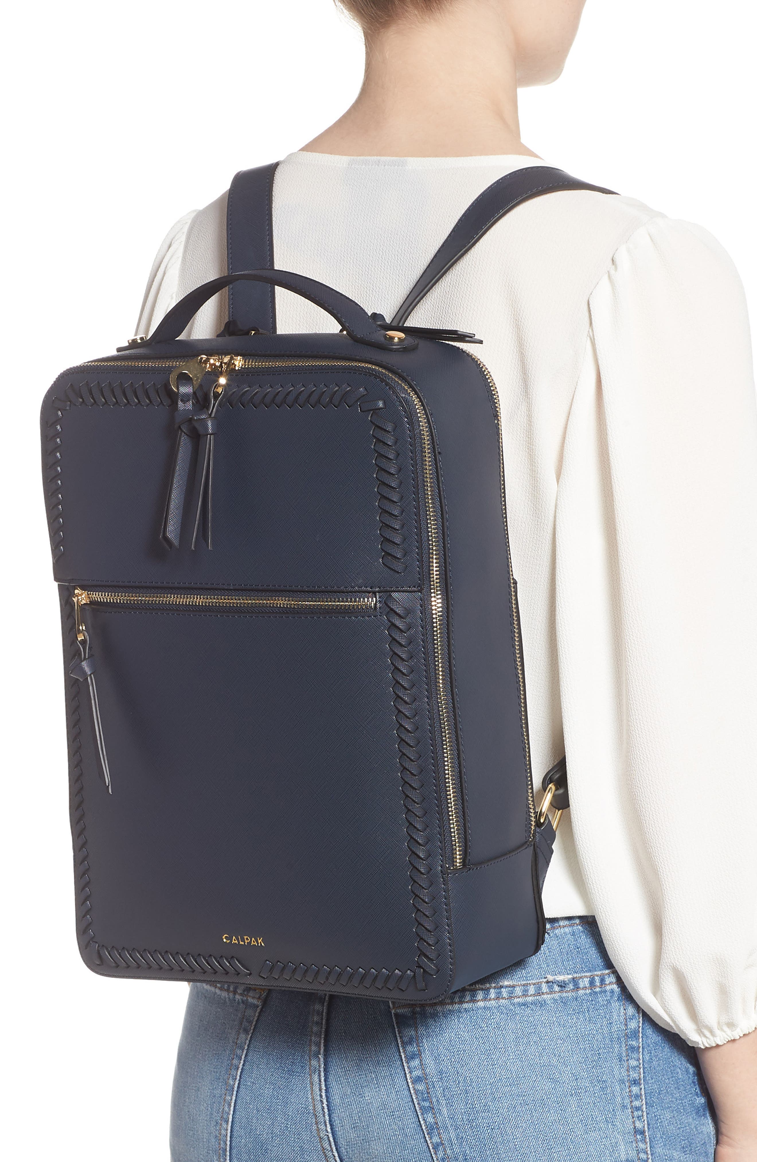 calpak leather backpack blu Luka 15 inch Laptop in French Blue Compression Straps Connect Laptop Backpack in Bluebell