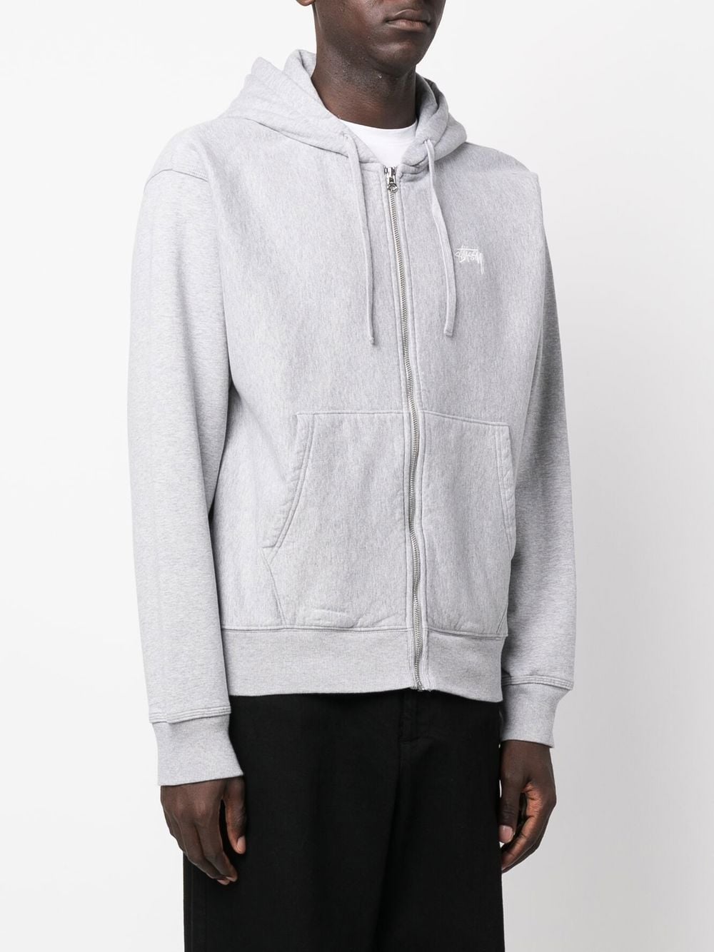 StüSsy Embroidered-Logo Zip-Up Hoodie - Grey | Editorialist
