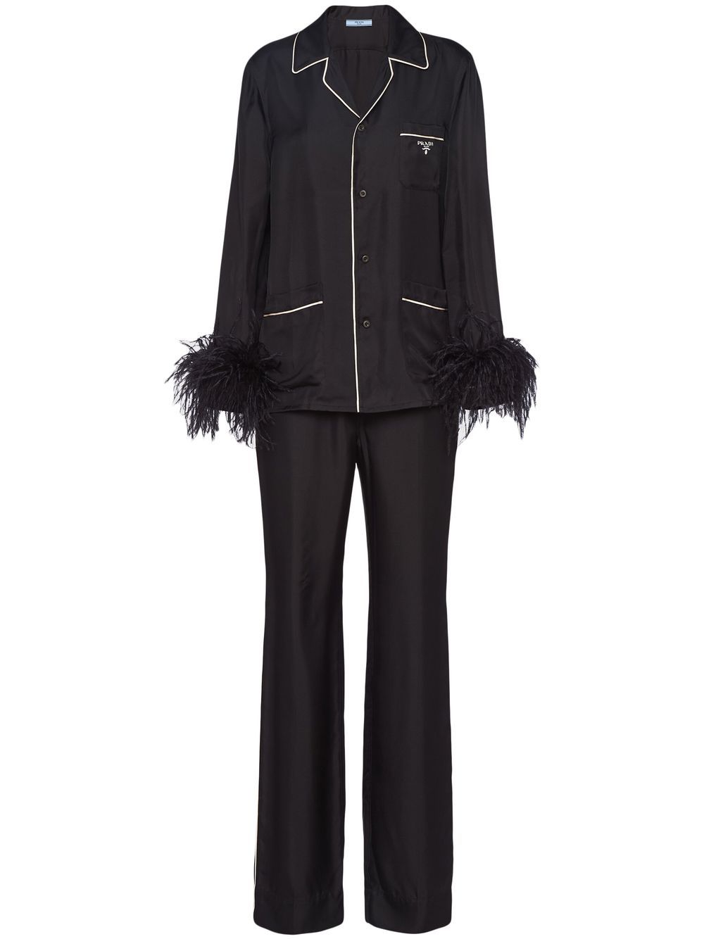Prada Feather-Trim Silk Twill Pajamas - Black | Editorialist
