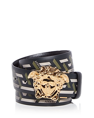 Versace La Medusa La Greca Print Leather Belt In Black/Khaki  display picture 2