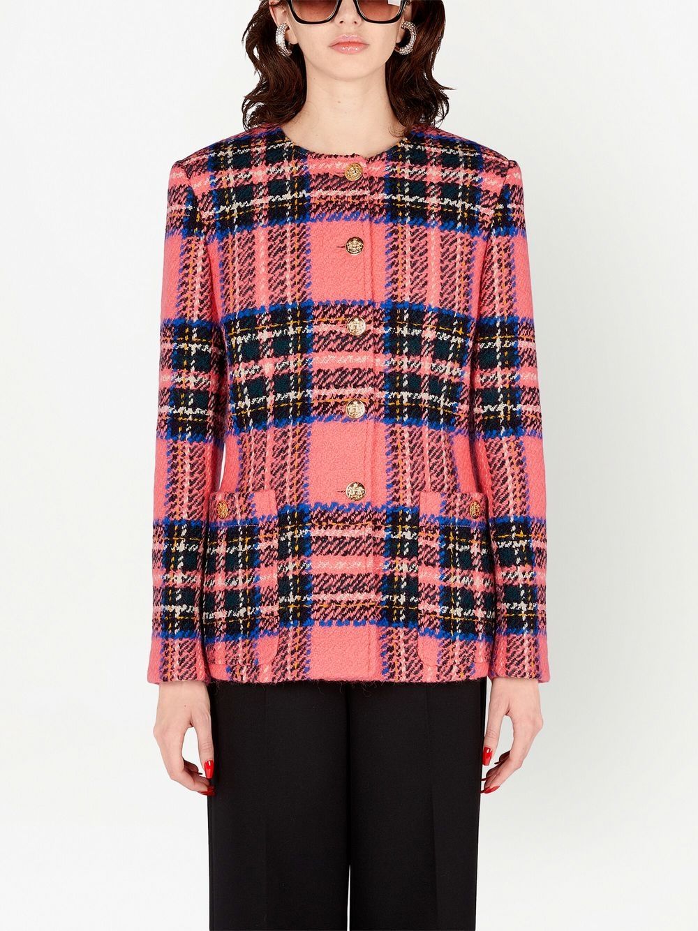 Gucci Tartan-Check Bouclé Jacket - Pink | Editorialist