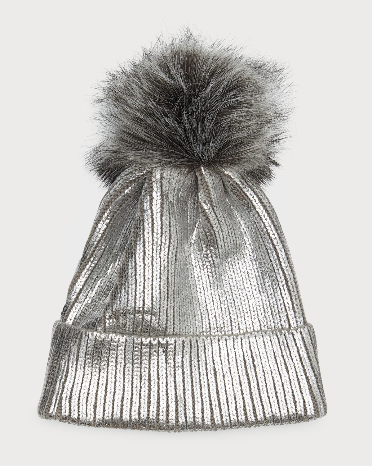Adrienne Landau Metallic Beanie With Faux Fur Pom - Silver 