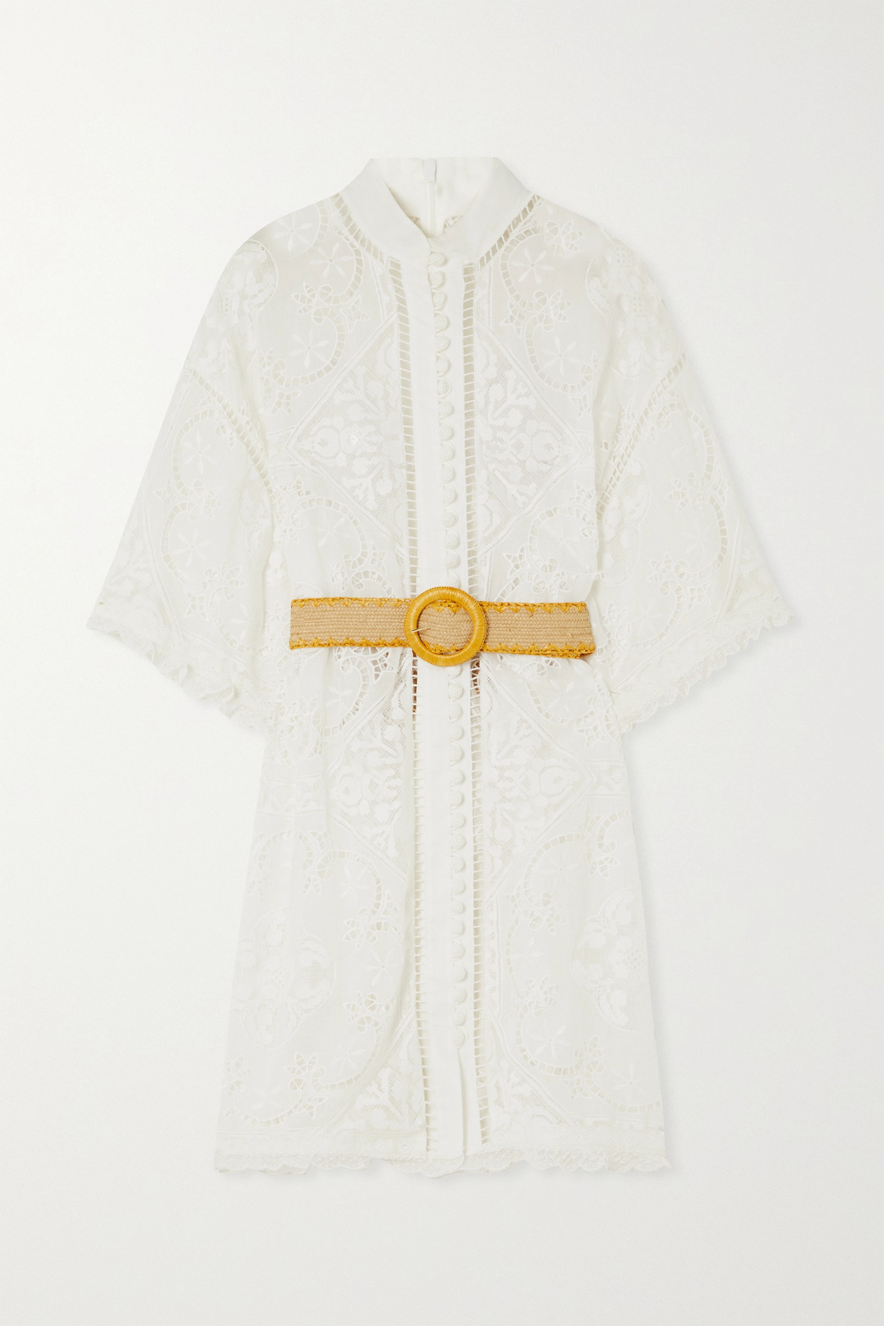 Zimmermann Laurel Belted Corded Lace And Voile Mini Shirt Dress In Ivory -  30% Off
