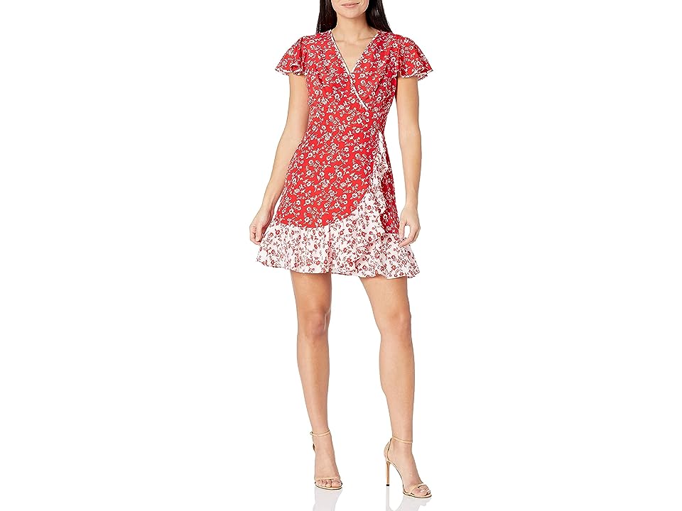 Vince Camuto Printed Cdc Faux Wrap Fit And Flare Dress With Contrast Ruffle  Hem In Red - 37% Off | Editorialist