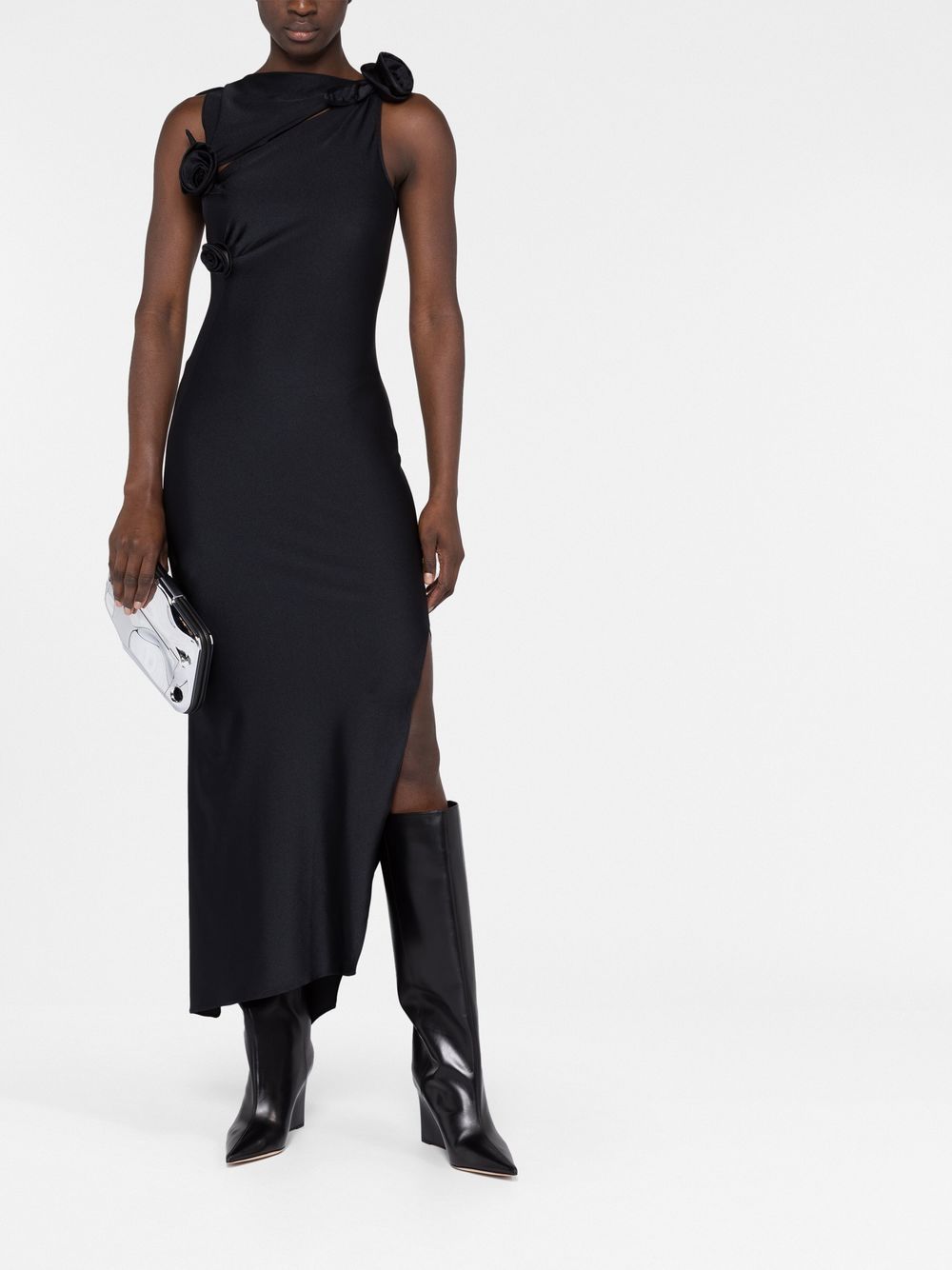 COPERNI Coperni Black Sleeveless Floral Embellished Asymmetric Midi Dress