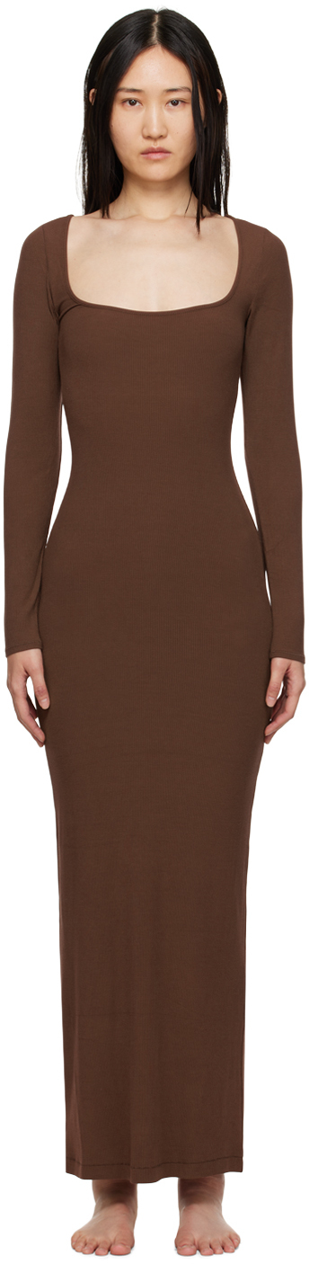 brown long sleeve skims dress Skims Brown Soft Lounge Rib Long Sleeve Dress In Cocoa - 30% Off