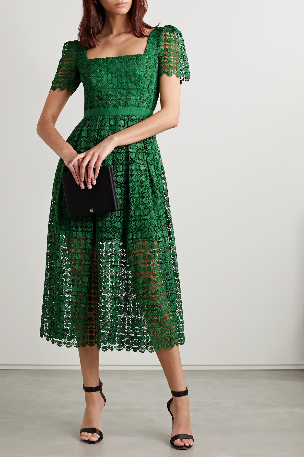 Self-Portrait Grosgrain-Trimmed Corded Lace Midi Dress - Emerald |  Editorialist