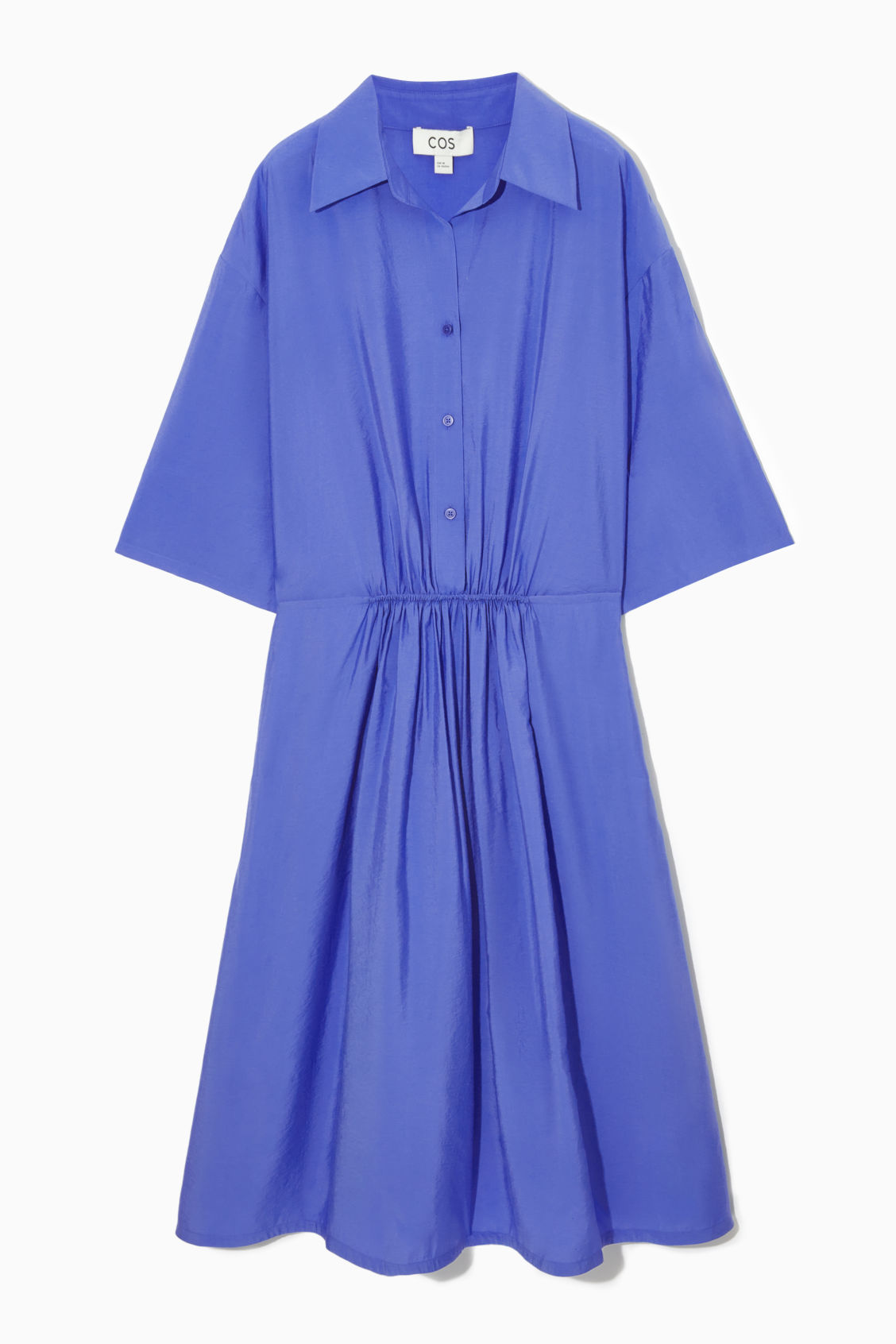 cos shirt dress blue STRIPED SHORT-SLEEVED COTTON SHIRT DRESS - BLUE / STRIPED