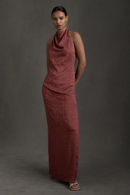 halter dress with belt Elyna Slinky Halter Maxi Dress / Navy | MESHKI