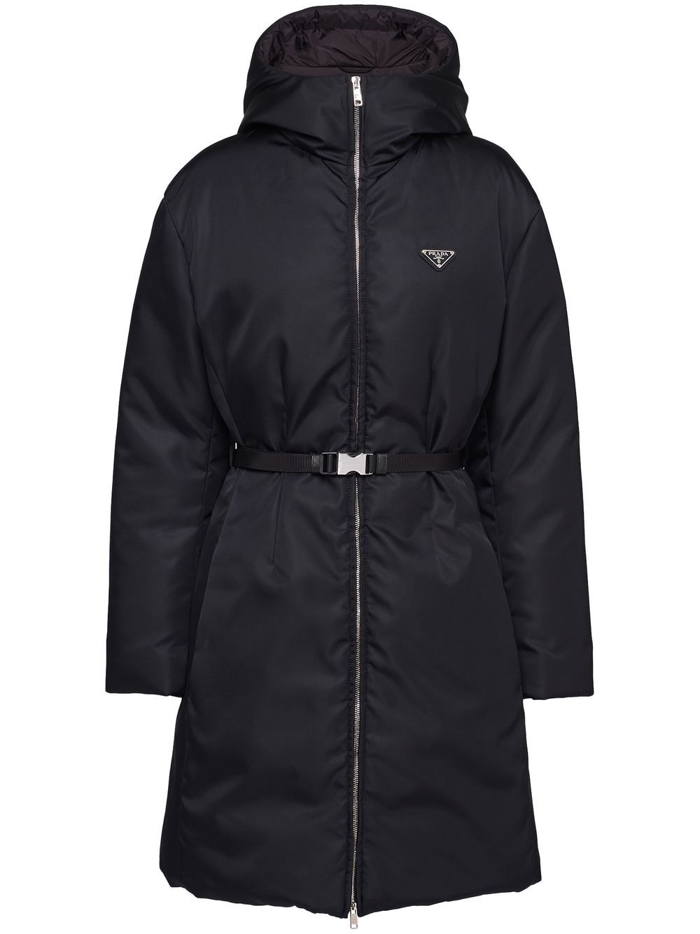 Prada Re-Nylon Gabardine Hooded Down Coat In Black | Editorialist