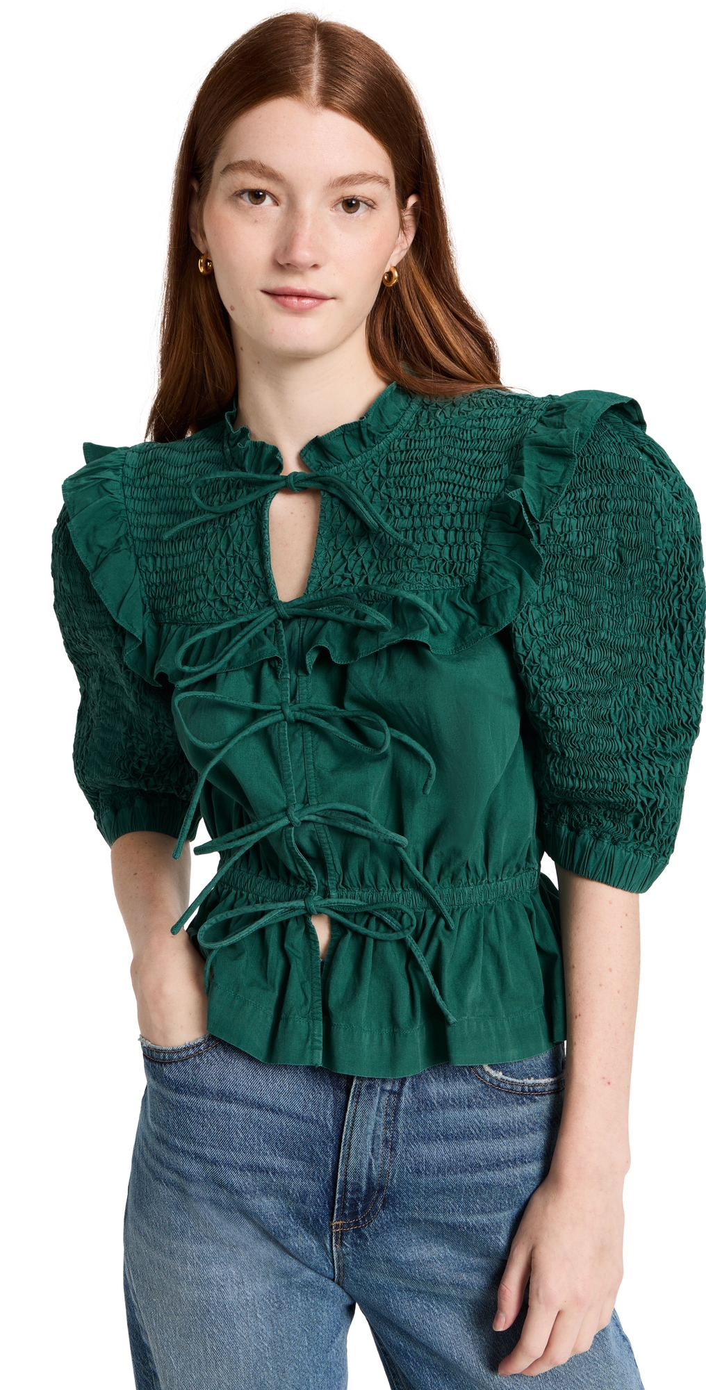 Sea Casey Hand Smocked Tie Front Top In Emerald - 70% Off
