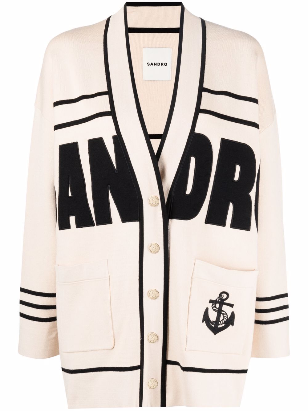 Sandro Logo Intarsia Knitted Cardigan In Neutrals - 52% Off