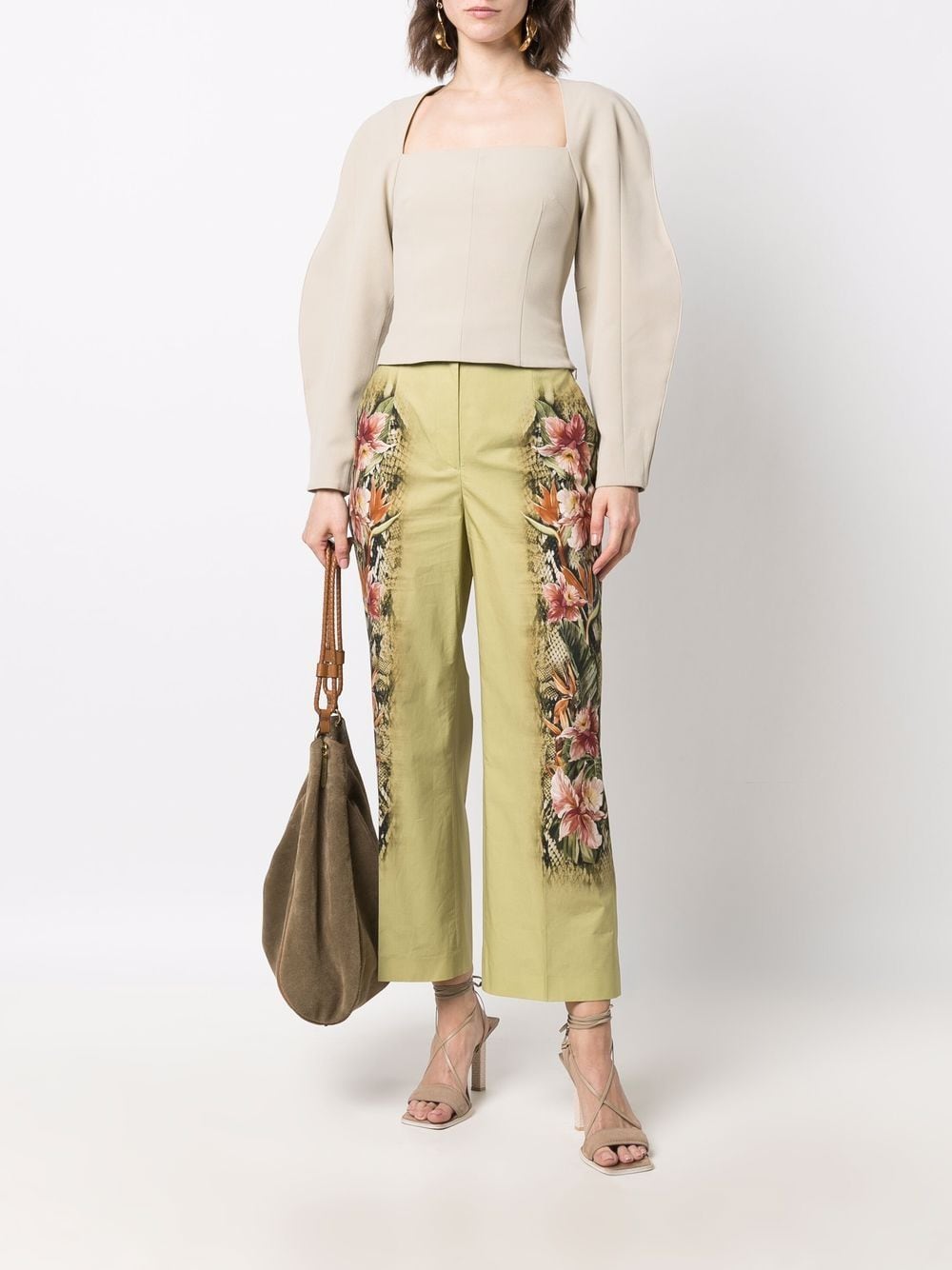 ALBERTA FERRETTI Alberta Ferretti Pistachio Green Floral Print Flared Leg Trousers