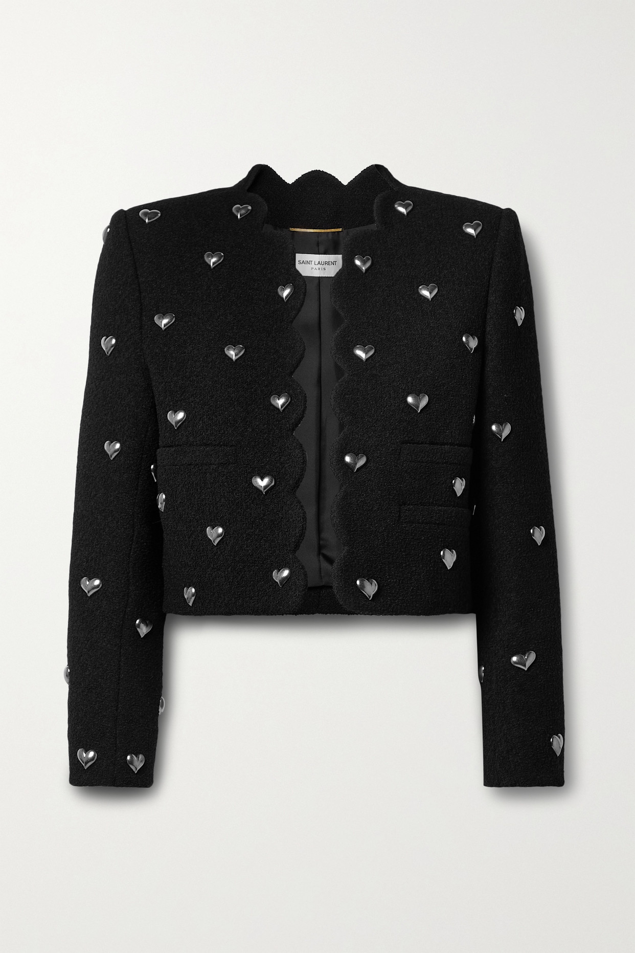 Saint Laurent Cropped Embellished Wool-Blend Bouclé Jacket Black