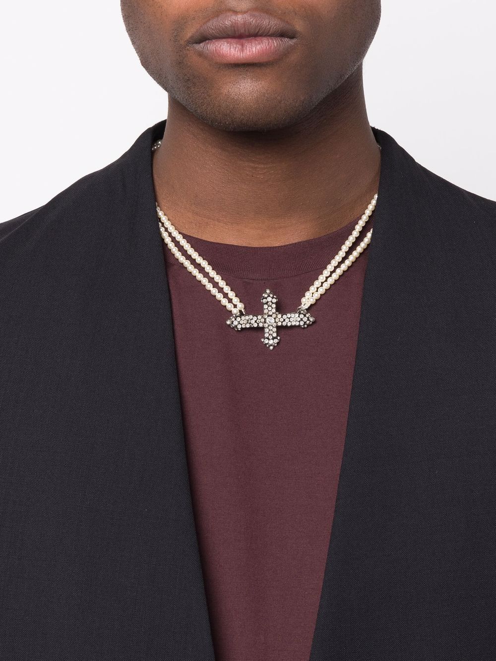 Saint Laurent Double Row Pearl Cross Necklace - Silver | Editorialist