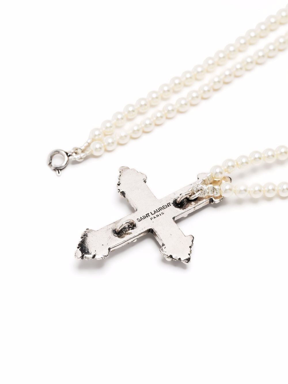 Saint Laurent Double Row Pearl Cross Necklace - Silver | Editorialist