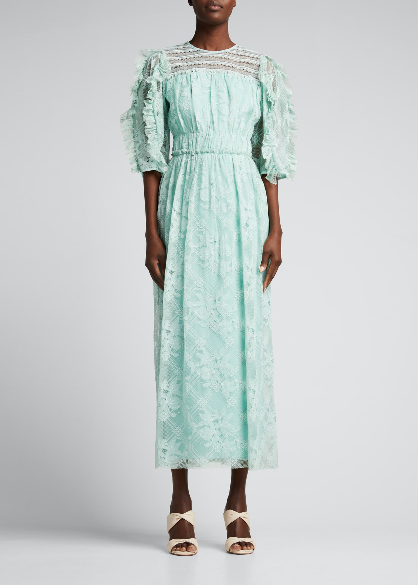 Lela Rose Chantilly Lace Ruffle-Trim Midi Dress In Seafoam - 70% Off | Editorialist Lela Rose Chantilly Lace Ruffle-Trim Midi Dress In Seafoam - 70% Off | Editorialist