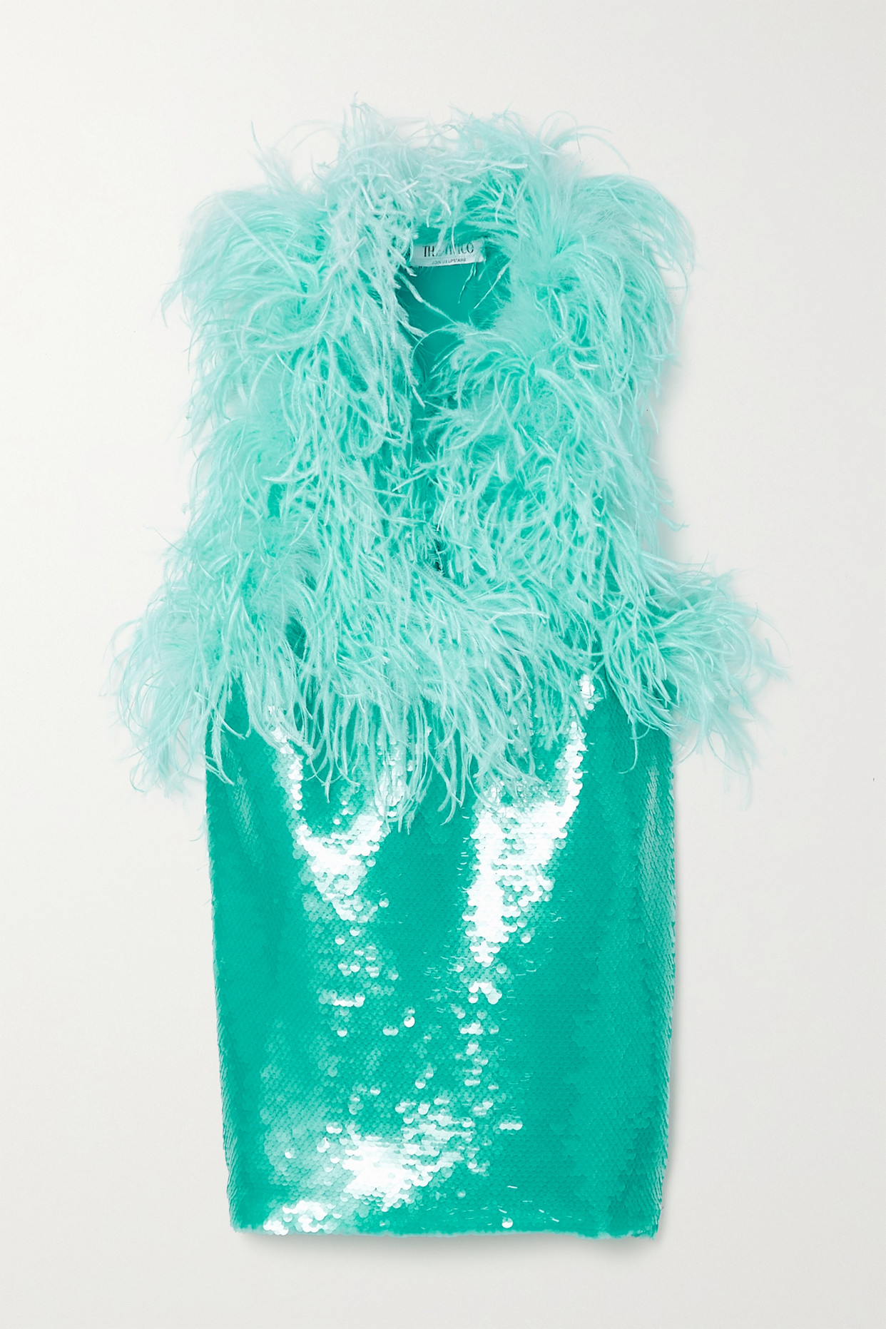 Attico Sienna Feather-Trimmed Sequined Tulle Mini Dress - Blue | Editorialist Attico Sienna Feather-Trimmed Sequined Tulle Mini Dress - Blue | Editorialist