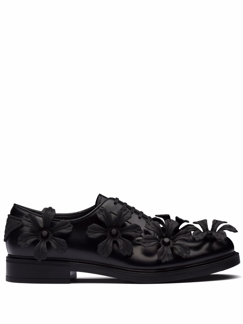 Prada Floral-Appliqué Leather Derby Shoes - Black | Editorialist