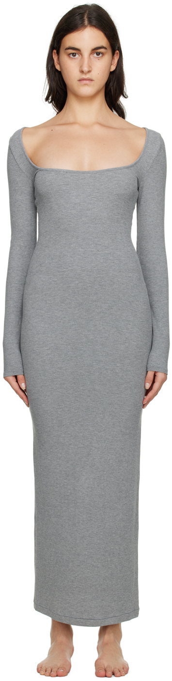 Skims Gray Soft Lounge Rib Long Sleeve Dress - Heather Grey | Editorialist
