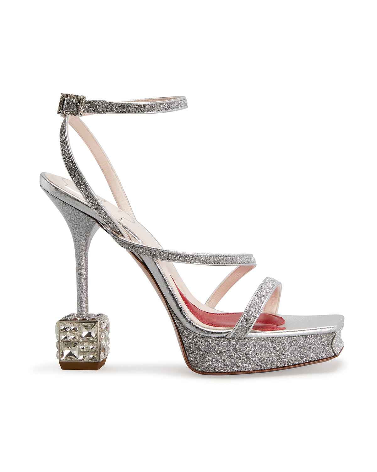 ROGER VIVIER Glitter Cube-heel Platform Sandals - Silver | Editorialist