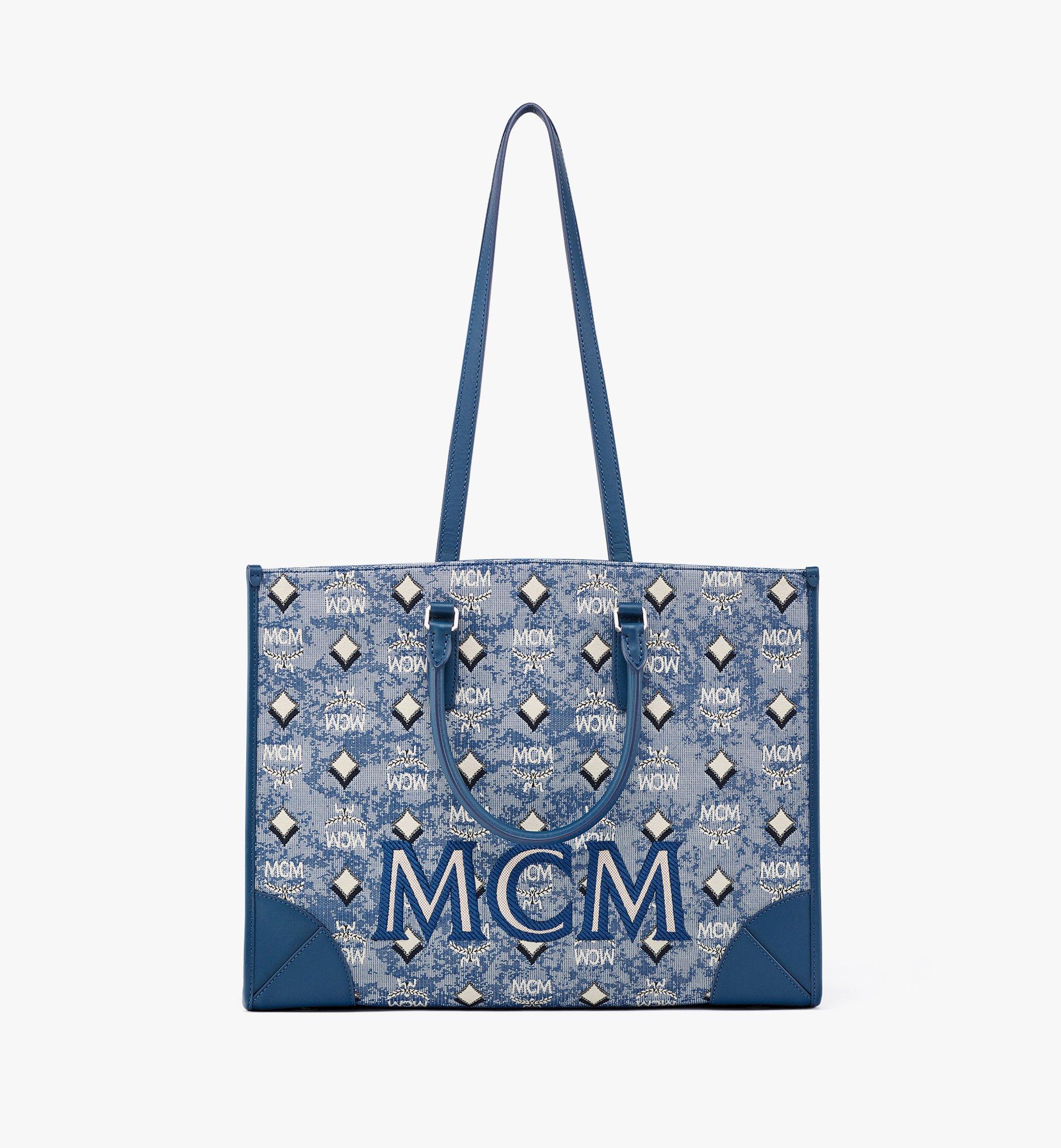 MCM - Blue & Black Monogram & Abstract Print Mini Tote Bag MCM Blue and Cream Logo Tote Bag Meduim Size main image 2
