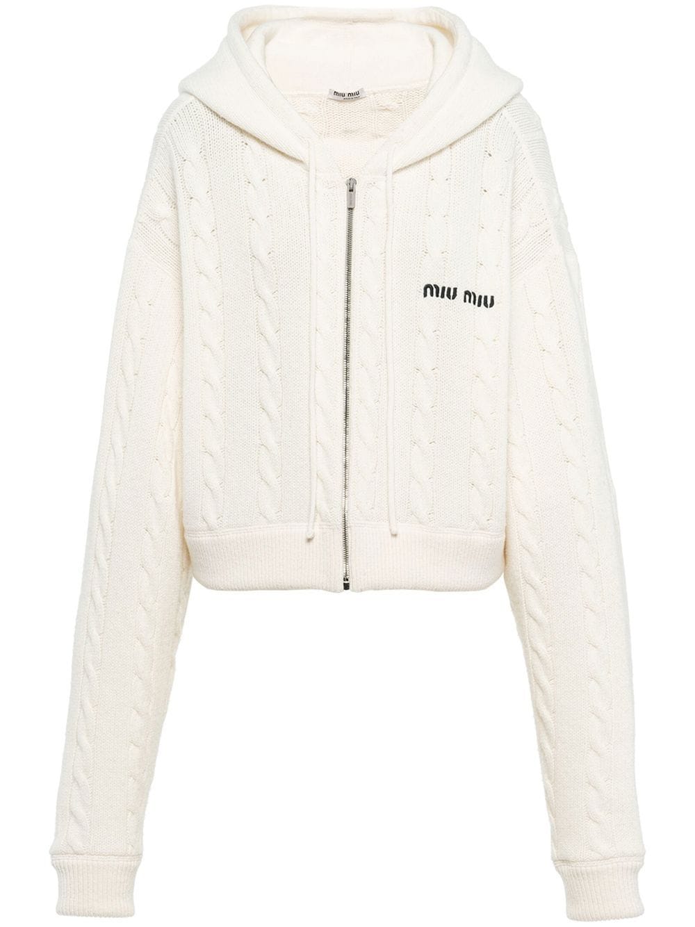 Miu Miu Embroidered-Logo Cable-Knit Hoodie - White | Editorialist