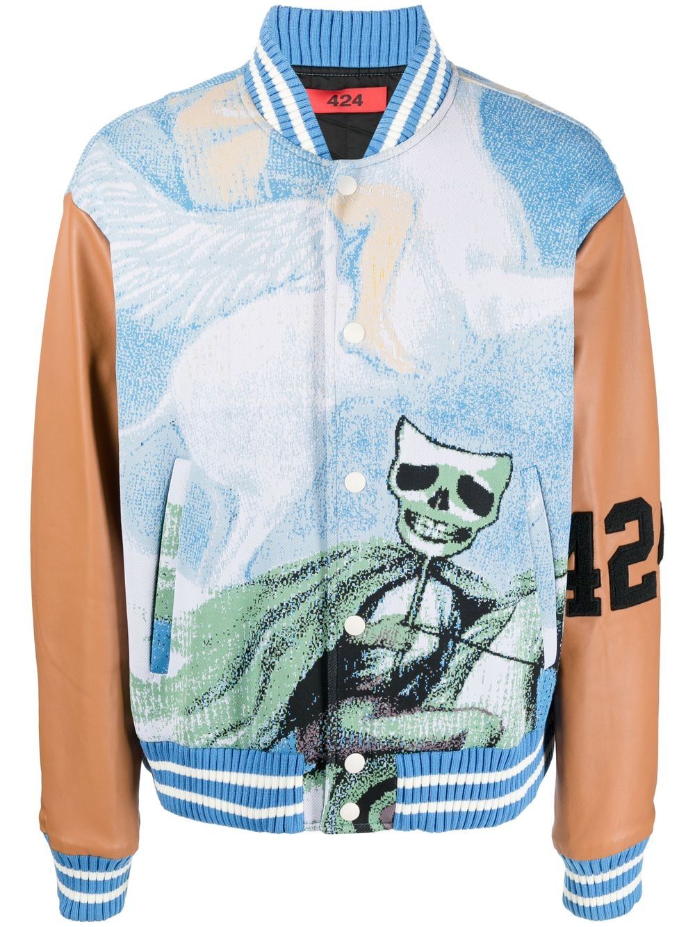 424 Jacquard-Print Leather-Sleeve Bomber Jacket