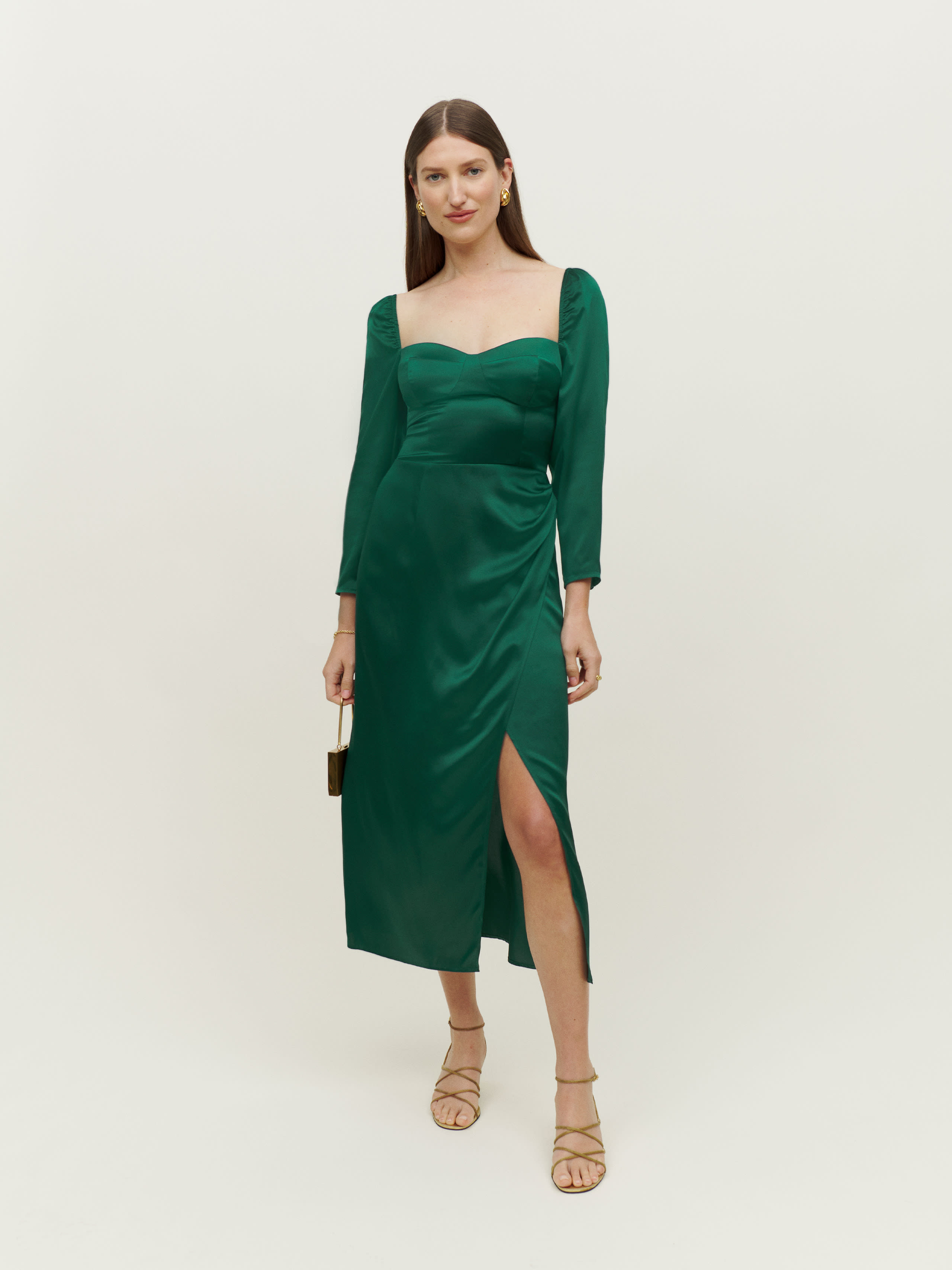 reformation gloriana long sleeve sweetheart side slit silk midi dress Reformation Gloriana Silk Dress (Emerald)
