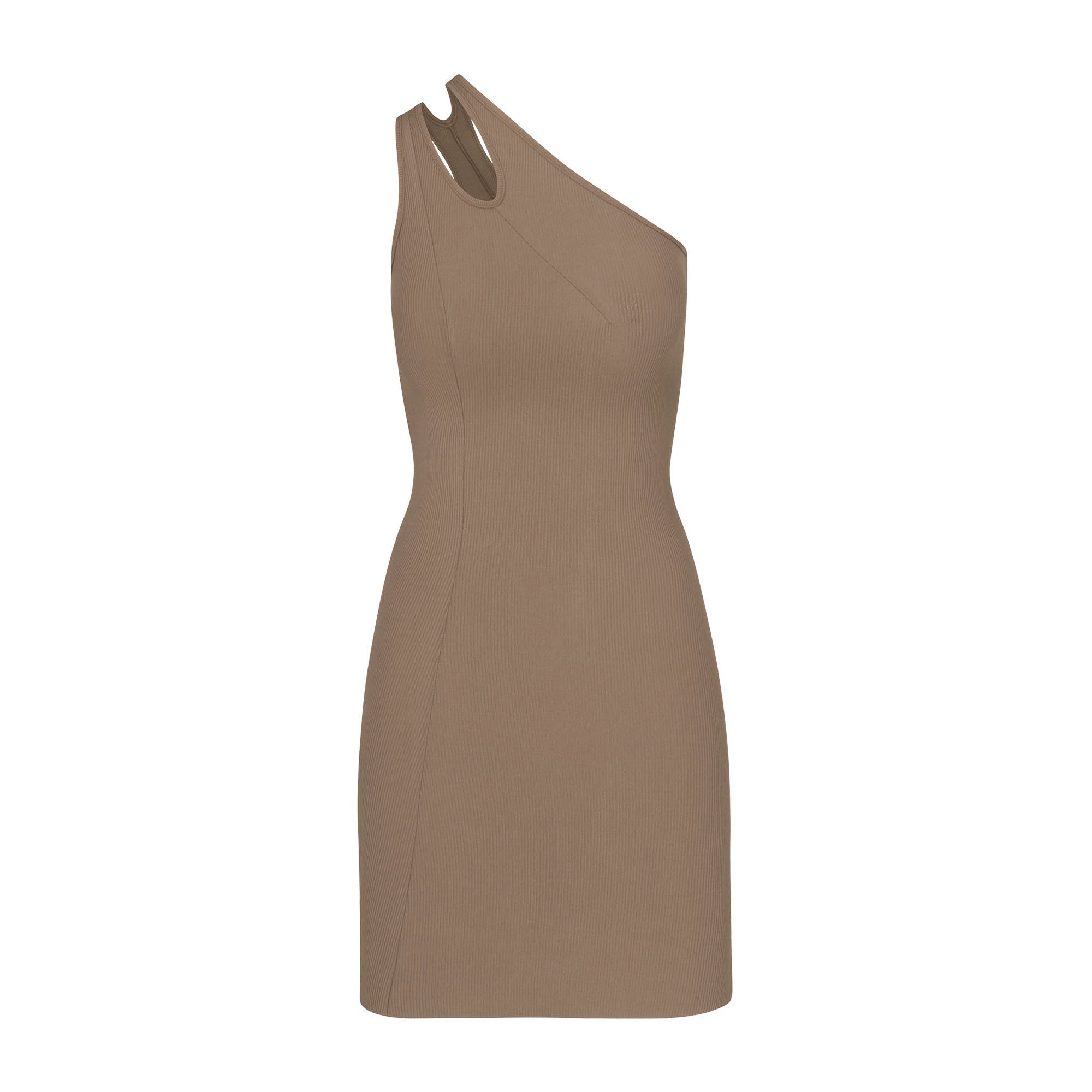 skims brown cut out dress SKIMS Brown Soft Lounge Cutout One Shoulder Dress SKIMS