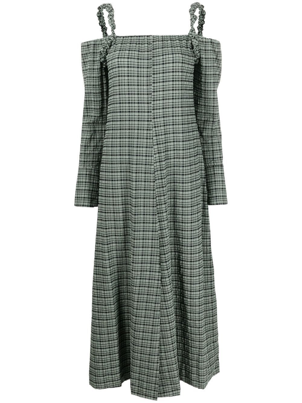 Ganni Seersucker Check Off-Shoulder Dress - Green | Editorialist
