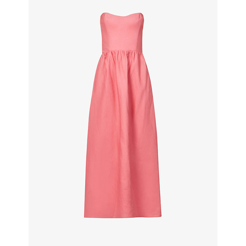 fettuccine linen dress Reformation Fettuccine Strapless Linen Midi Dress - Snapdragon