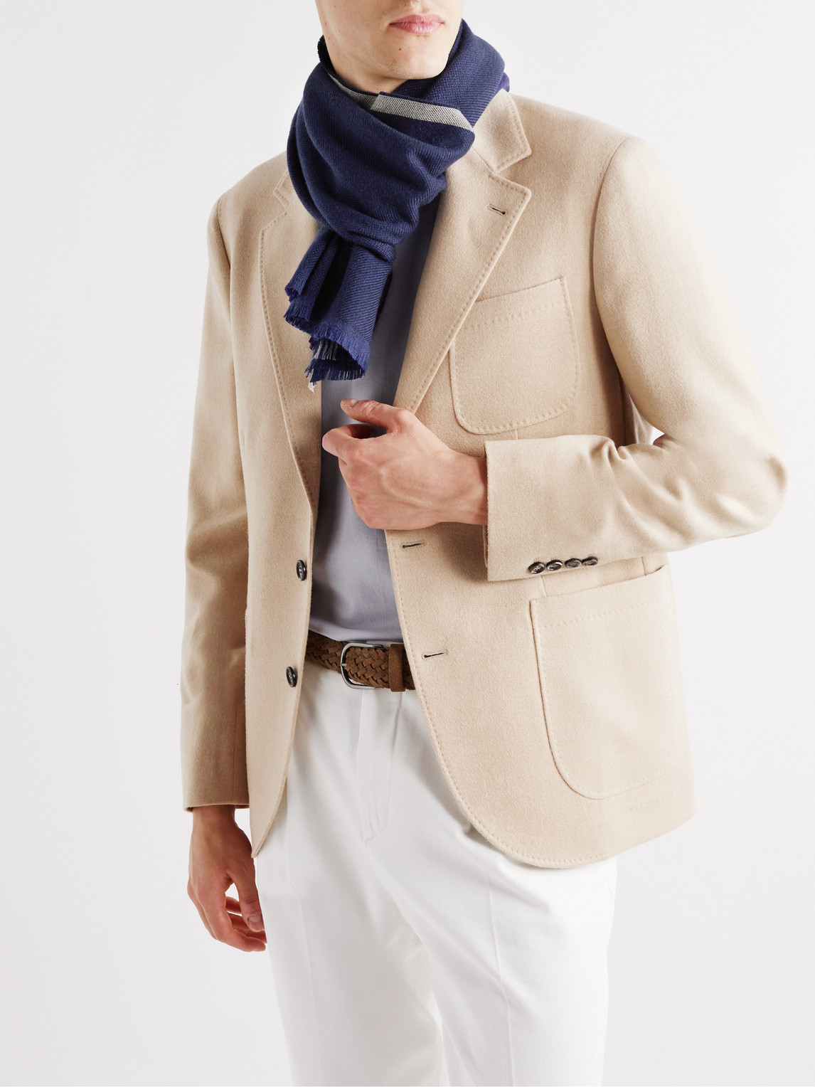 BRUNELLO CUCINELLI Brunello Cucinelli - Fringed Striped Wool and Cashmere-Blend Scarf - Men - Blue
