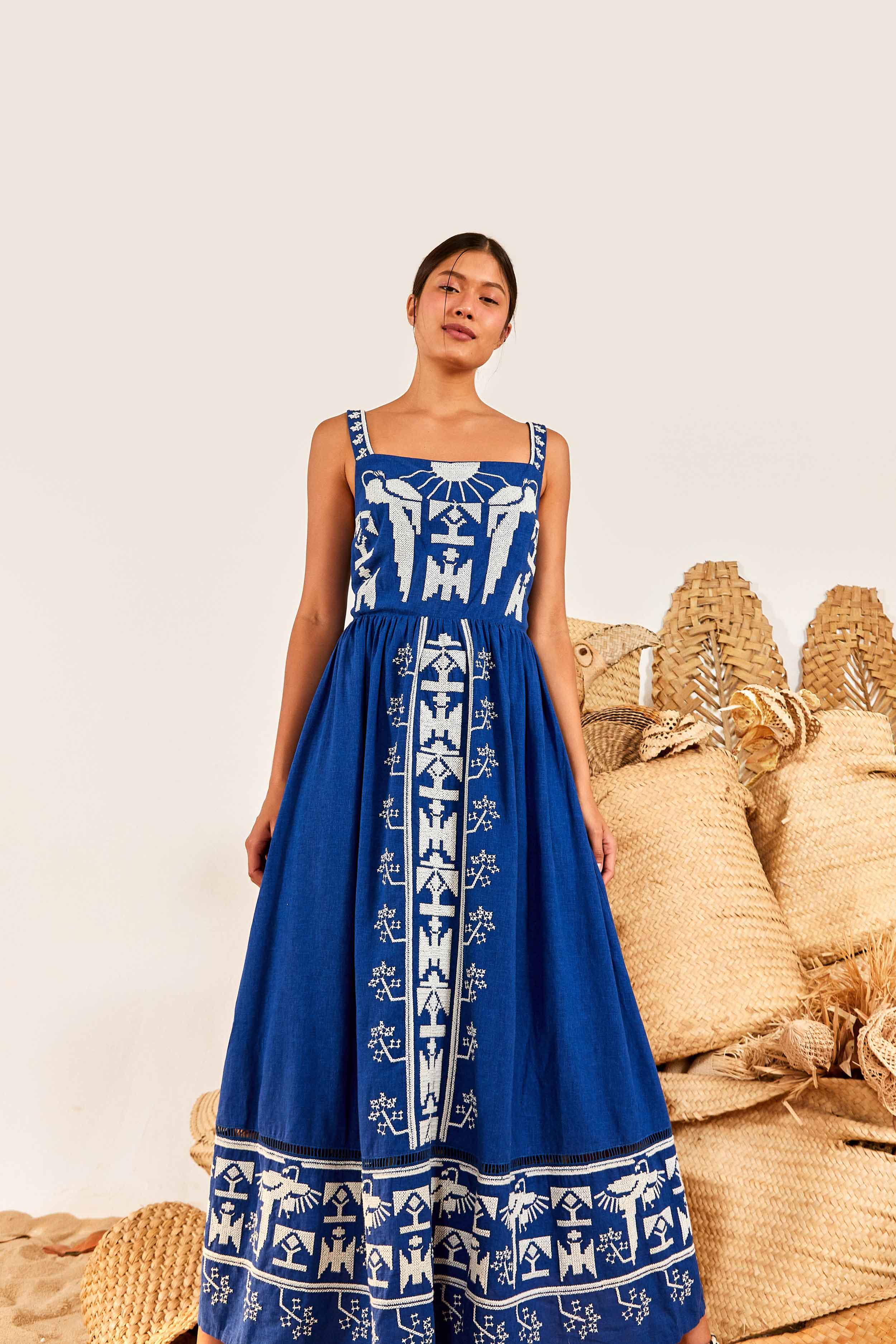 Farm Rio Navy Macaw Embroidered Maxi Dress In Navy Blue - 20% Off |  Editorialist