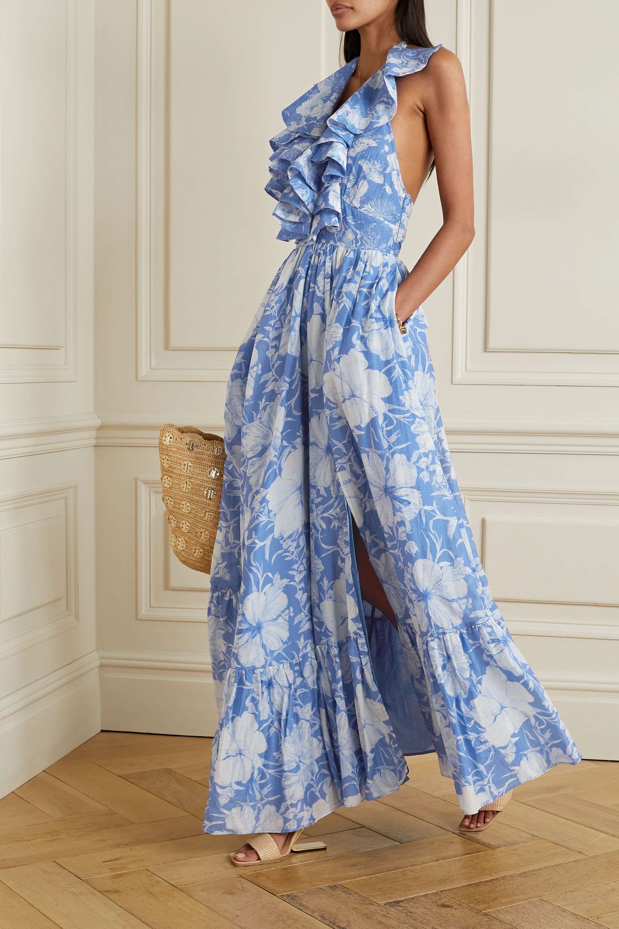 love shack fancy blue floral dress LoveShackFancy Maxi Dress Evelyn Blue Floral Print Ruffled Chiffon Siz –  Celebrity Owned main image 0