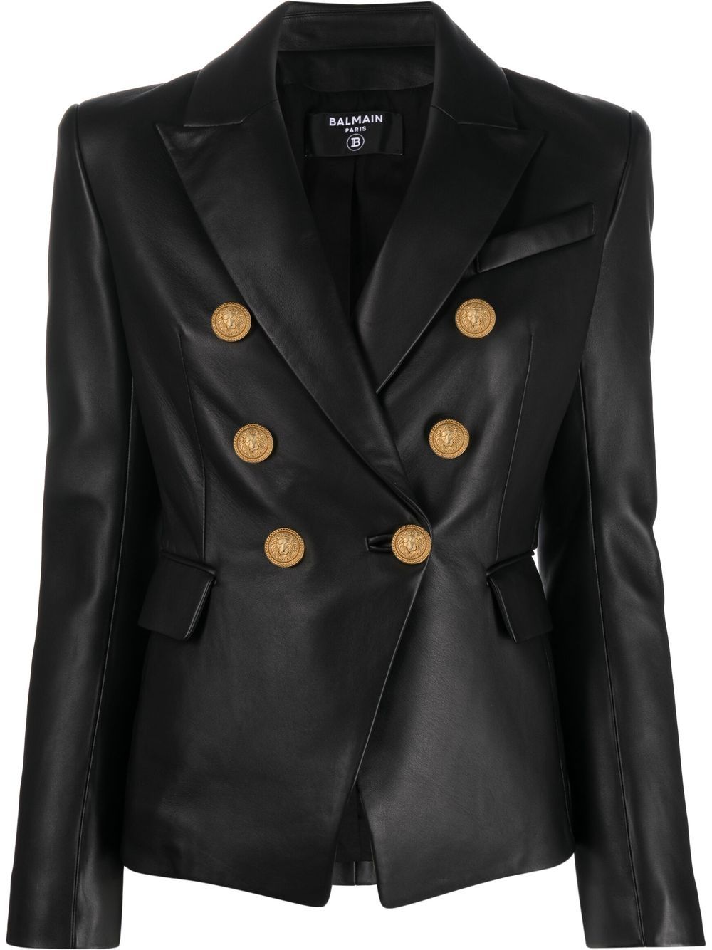 Balmain Double-Breasted Leather Blazer Black Editorialist