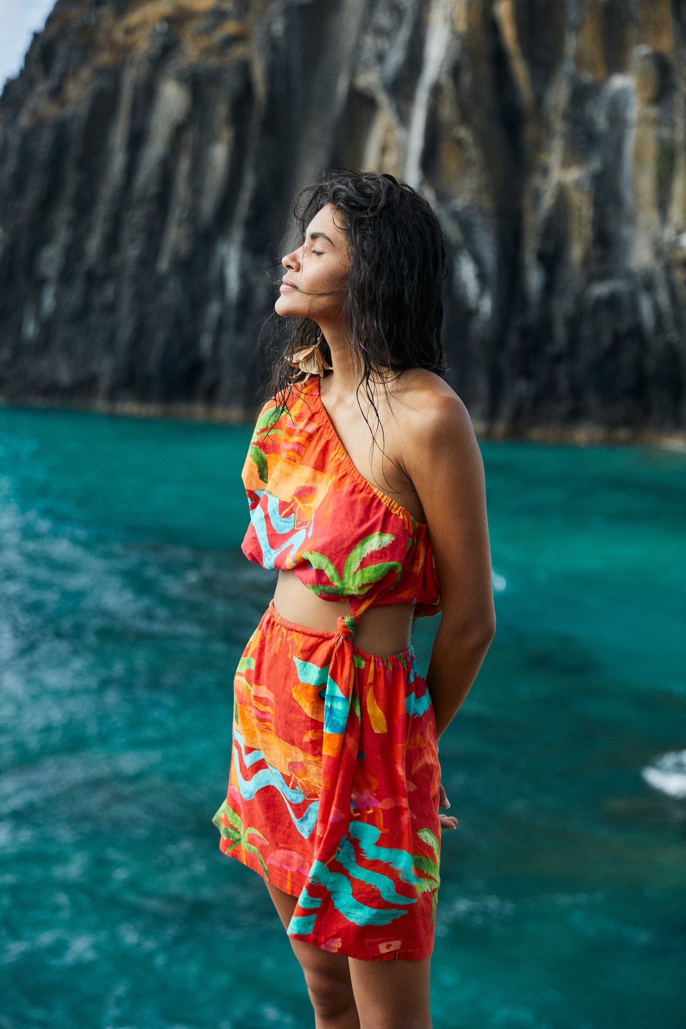 farm rio ipanema midi dress FARM RIO Embellished gathered one-shoulder printed woven midi dress