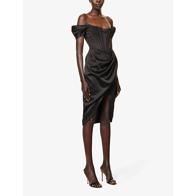 house of cb loretta off the shoulder satin corset dress Clothing : Bodycon Dresses : 'Loretta' Black Satin Off Shoulder Dress
