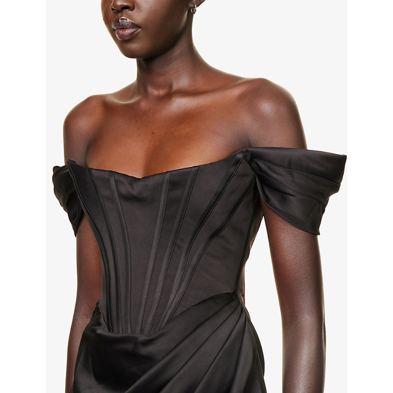 loretta off the shoulder satin corset dress House of CB Loretta Black Satin Corset Off Shoulder Dress Small NWT